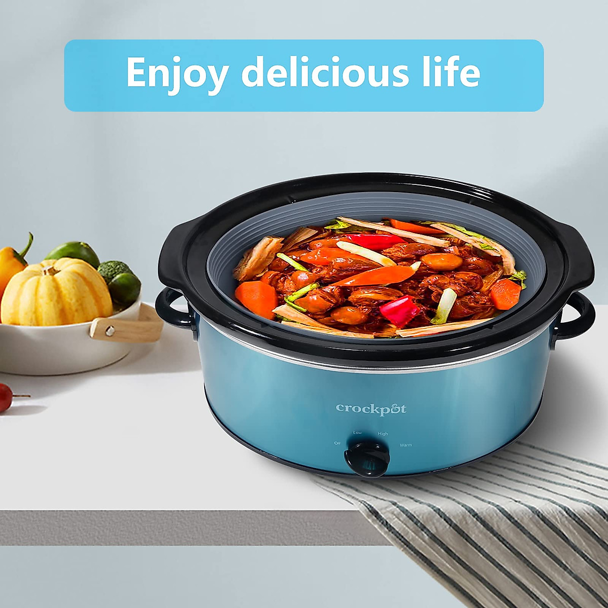 Silicone Slow Cooker Liners fit Crock-Pot 7-8 Quart Oval Slow Cooker，Reusable & Leakproof Dishwasher Safe Cooking Liner for 7 Quart Crock Pot (Blue+Red [Fit 7 to 8 QT][12"D x 9.25"W x 4.92"H])