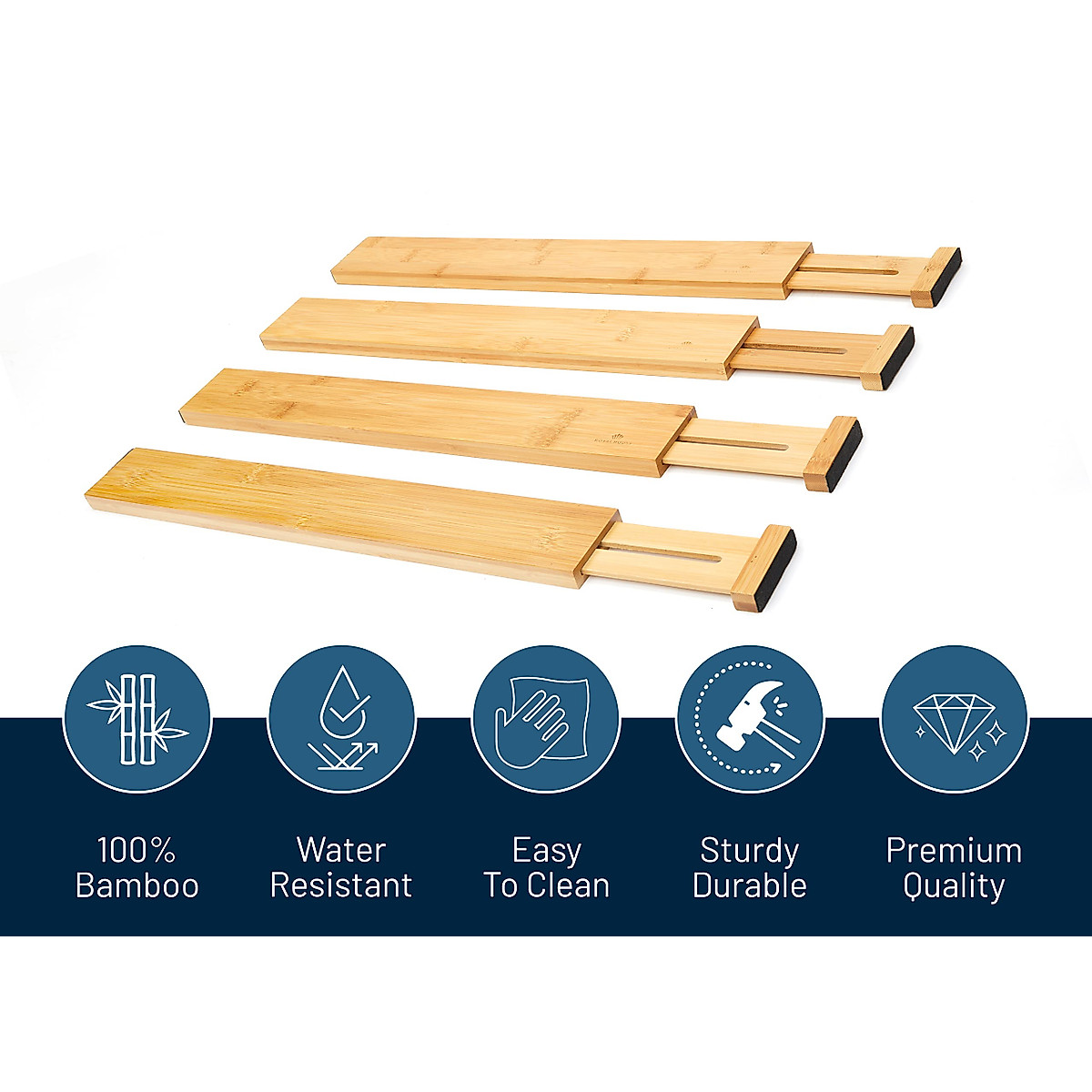 RoyalHouse Large Drawer Organizer (18" - 22") Adjustable Bamboo Drawer Dividers Organizers, Expandable Drawer Separators for your Kitchen, Bedroom, Bathroom, Dresser, Office, and More (4 pieces)