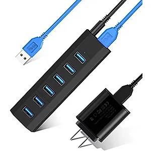 USB Hub, Aiibe 6 Ports Super High Speed USB 3.0 Hub Splitter + 10W Power Adapter + USB 3.0 Cable, Black Smart Fast Charger Powered USB Hub for Laptop, Mac, PC, Mobile HDD, Mulitple Devices