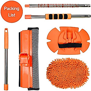 AgiiMan Car Wash Brush with Long Handle - 3 in 1 Car Cleaning Mop, Chenille Microfiber Mitt Set, Adjustable Length 24in-43in Glass Scrabber Vehicle Cleaner Kit, Orange