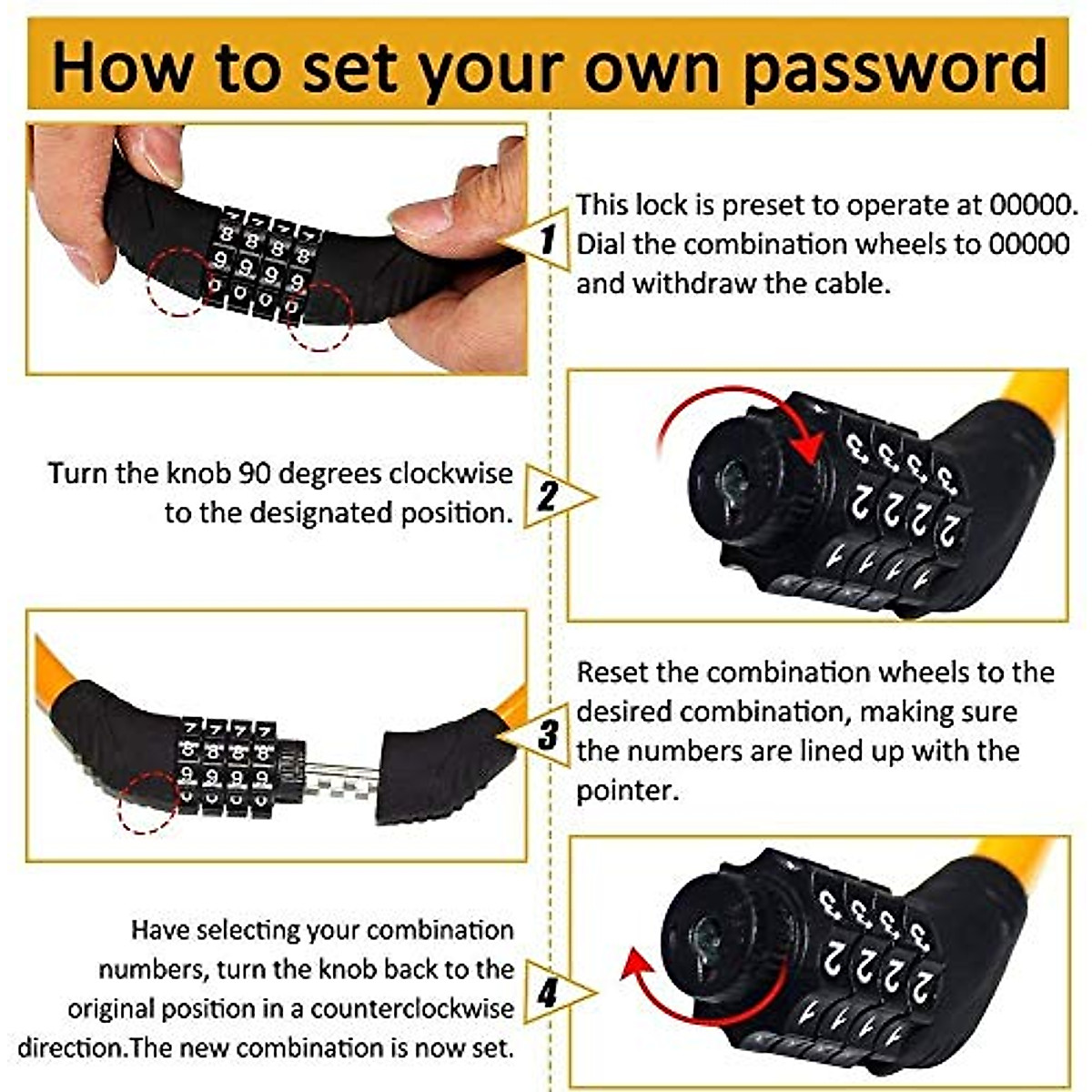 Sanwo Security Bike Lock 4 Digit Resettable Combination Cable Lock for Bicycle, 2 Feet x 1/2 Inch (Orange)
