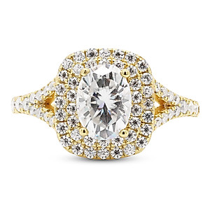 SAVEARTH DIAMONDS 1 1/2 ct. t.w Center 5X7MM Oval Cut Lab Created Moissanite Diamond Double Halo Engagement Ring In 14k Yellow Gold Over Sterling Silver (VVS1 Clarity, 1.50 Cttw) Size -8.5