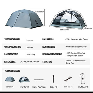 OneTigris COSMITTO 2 Person Backpacking Tent - Free Standing Lightweight Waterproof 3 Season Camping Tent for Outdoor Hiking Mountaineering