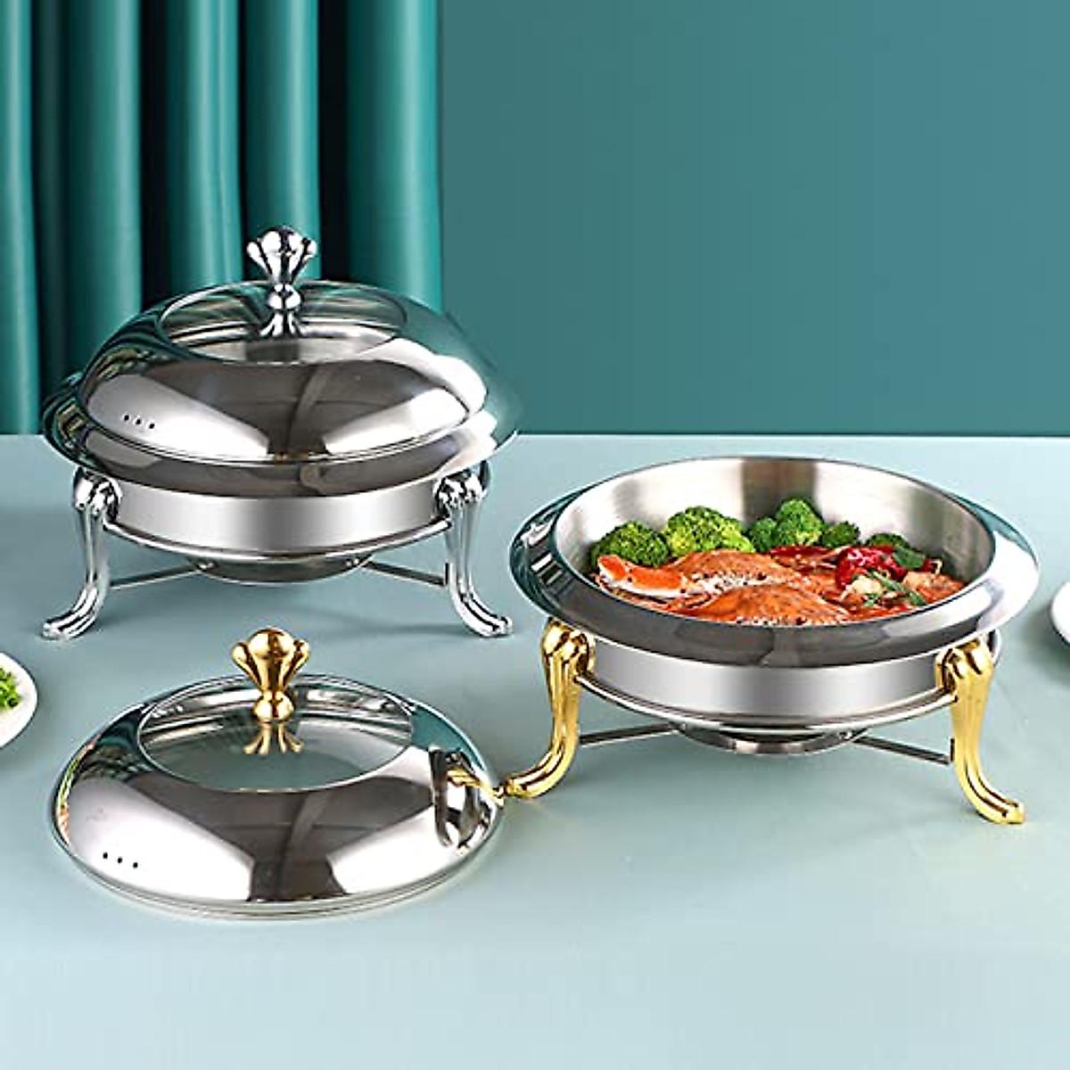 Full Size Round Chafing Dish Set, Stainless Steel Buffet Server Food Warming Tray with Alcohol Furnace and Lid, for Commercial Restaurant Catering Parties Weddings Picnics,24cm