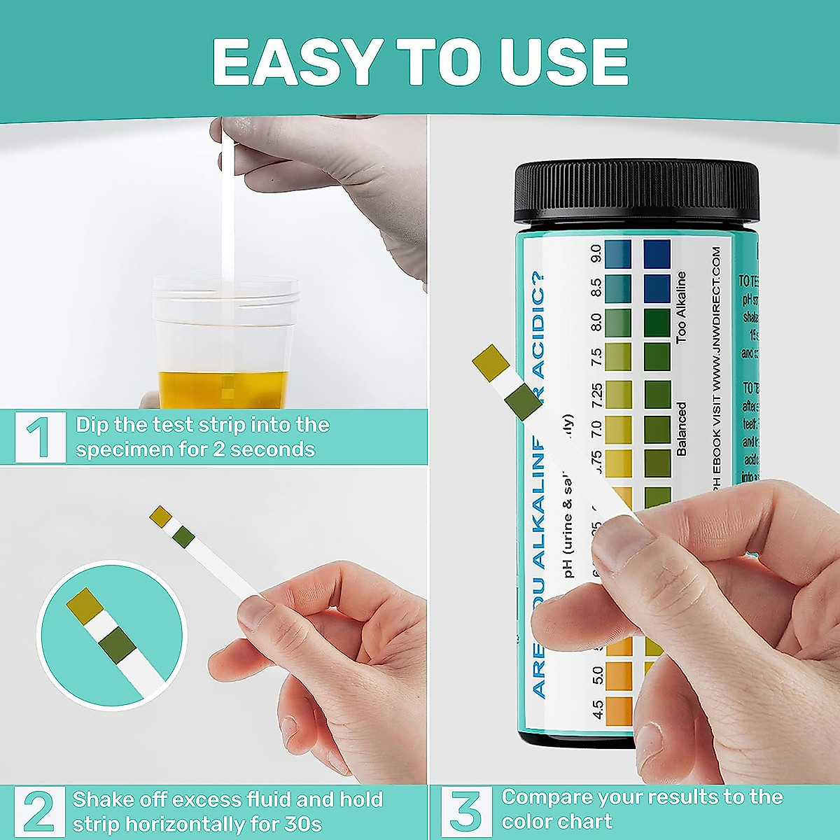 pH Test Strips for Urine and Saliva Testing (4.5-9.0) - Alkaline pH Strips with Ebook - pH Level Test Kit with Quick & Easy pH Testing Strips - Ultimate Acidity Test Kit - 150 Strips, JNW Direct