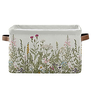 xigua Vintage Colorful Herbs Wild Flowers Floral Storage Basket Collapsible Toy Storage Bins Waterproof Canvas Storage Basket with Leather Handles for Home Closets Offices,Bedrooms,Kids Toy and Gift Baskets,2PCS