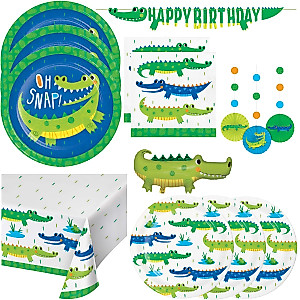 Kids Alligator Birthday Party Supplies Set | Zoo Safari Disposable Paper Plates Napkins Tablecloth and Crocodile Decorations for 24 (85 Pieces)