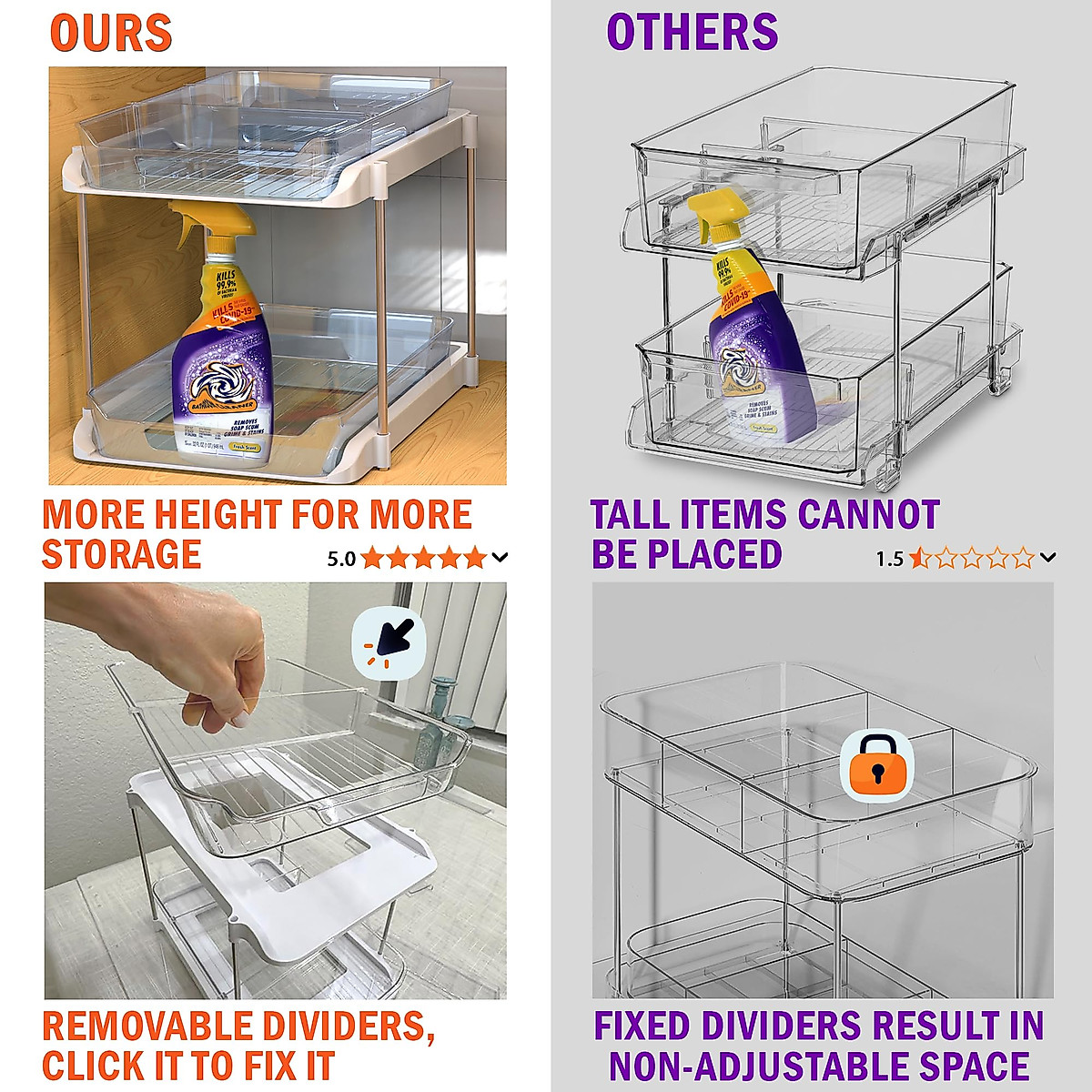 TOPITOP 2 Pack of 2 Tier Under Sink Organizer for Bathroom, Kitchen Sink Organizer Under Cabinet Storage, Pull Out Make Up and Vanity Cabinet Organizers with Movable Dividers