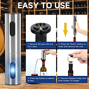 Moocoo Electric Wine Opener Gift Set, Automatic Electric Wine Bottle Corkscrew Opener Rechargeable with Foil Cutter, Automatic Aerator, 2 Vacuum Stoppers for Home Bar Outdoor Parties, Stainless Steel