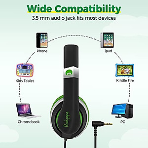 rockpapa I20 Foldable Kids Headphones with Microphone for School, Wired On-Ear Boys Girls Childrens Students Headphones Plug in for Tavel Laptop Computer PC Tablet CD DVD TV Black Green