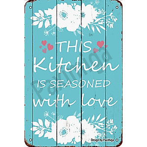 Paximiga This Kitchen is Seasoned with Love 8X12 Inch Metal Vintage Look Decoration Plaque Sign for Home Kitchen Bathroom Farm Garden Garage Inspirational Quotes Wall Decor