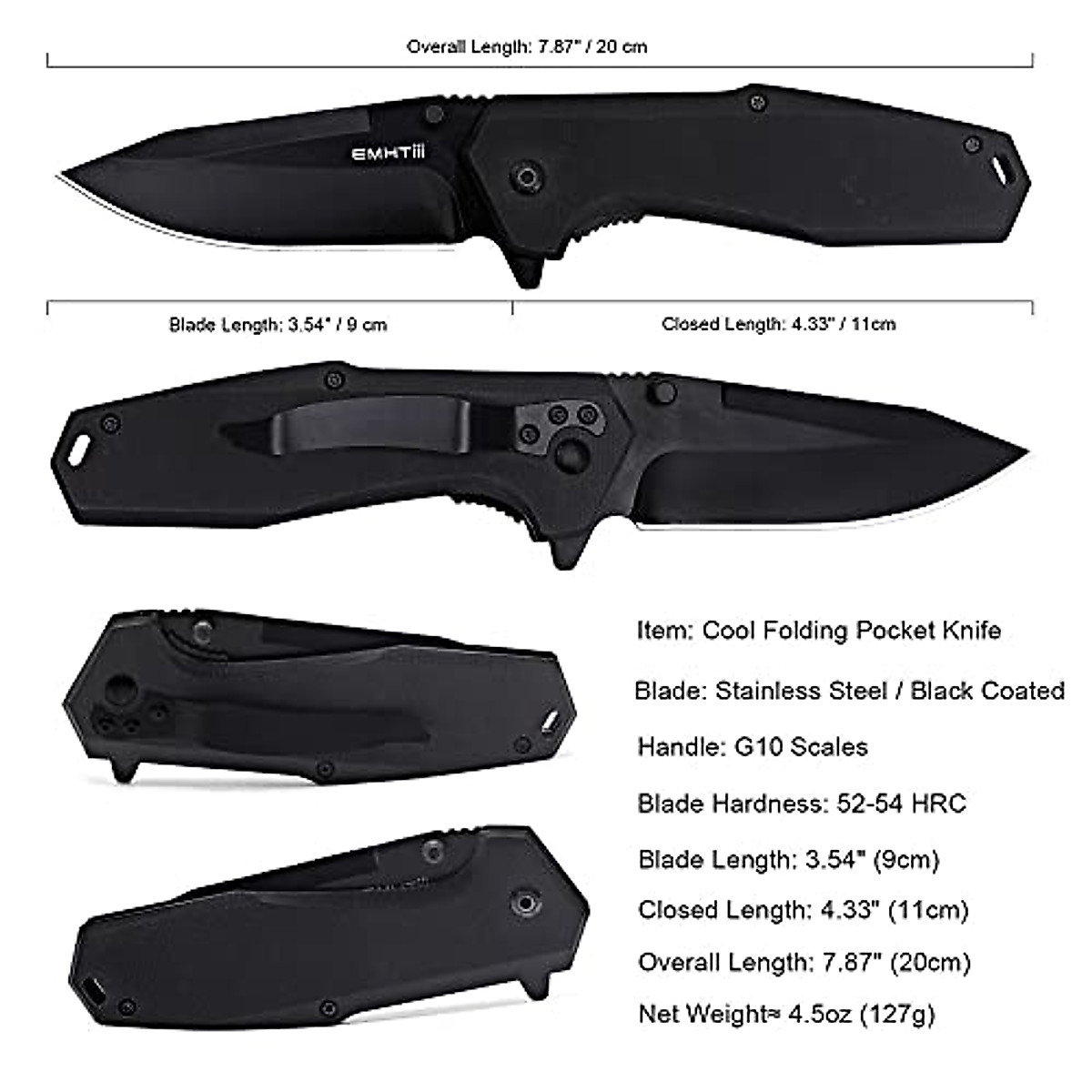 EMHTiii EDC Pocket Folding Knife - 3.54" Stainless Steel Black Blade, G10 Scales Liner Lock, Men Women Camping Knives with Clip EMH03
