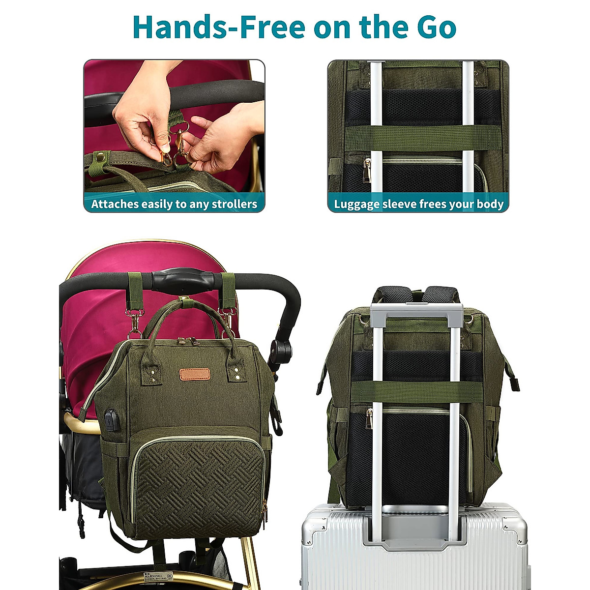 SofLiv Baby Diaper Bag Backpack Purse Sets Double Diaper Bags for Mom Dad, Stylish Baby Bags for Boys Girls with Changing Pad, Stroller Straps, USB Charging Port, Easy to Travel, (M, Army Green)