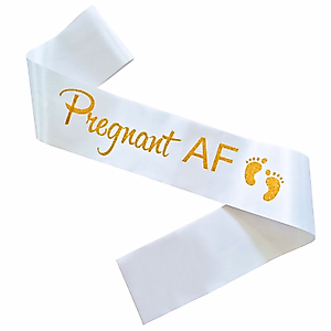 Magnusson's Garden Baby Shower Mom Sash, Pregnant AF Sash for Mommy to Be, Gender Reveal Pregnancy Announcement Decorations, Pink or Blue Boy or Girl Sex Reveal Supplies, Future Mummy Gift, White