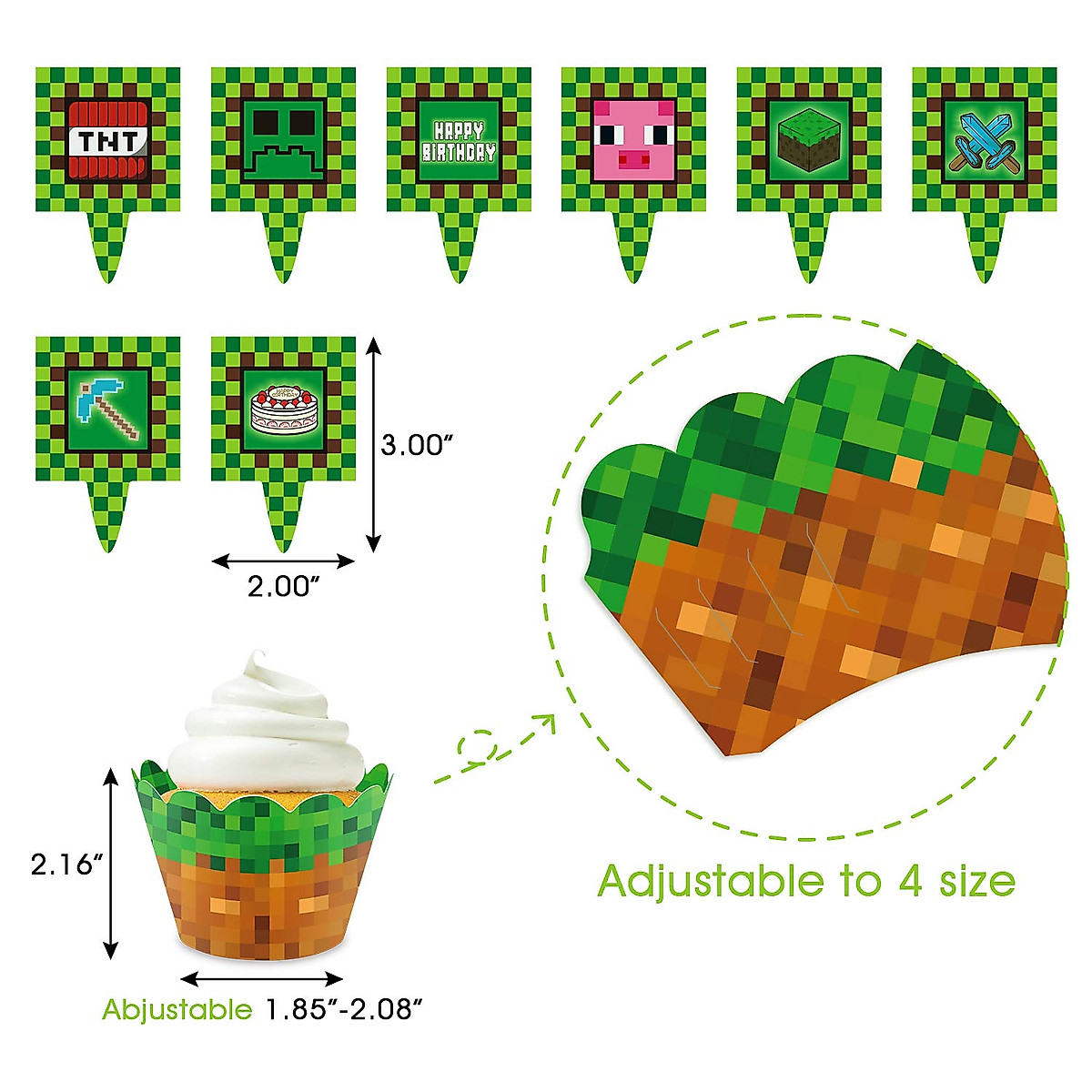 Pixel Miner Cupcake Toppers and Wrappers for Game Party Block Game Birthday Party Printable Cake Decoration and Liners Game Party Supplies 64pcs