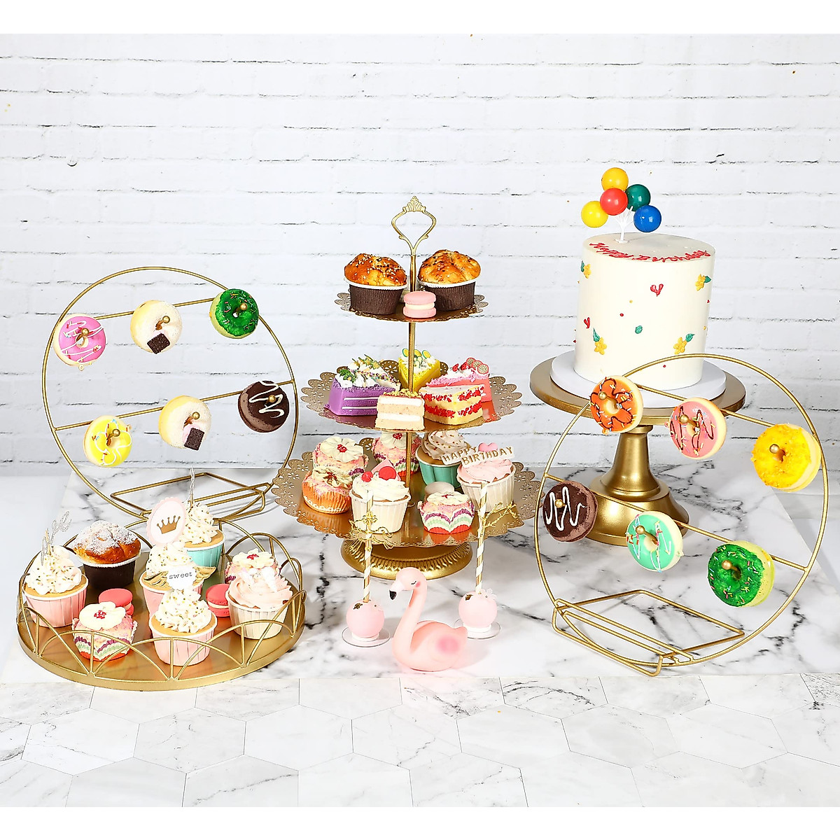 FESTLOVE Set of 5 Cake Stands Donuts Holder, Gold Metal Cake Dessert Display Stand Cupcake Pedestal Table Decoration Serving Platter for Baby Shower Wedding Birthday Parties Celebration