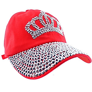 Elonmo Bling Hats, Crown Design Cotton Rhinestone Womens Baseball Cap Golf Hat Jeans Wash Denim Adjustable (Red)