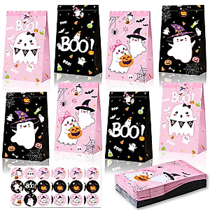 24Pcs Halloween Paper Treat Bags Pink Black Boo Ghost Pumpkin Candy Goodie Bags with Stickers for Halloween Trick or Treat Party Favors Baby Shower Supplies