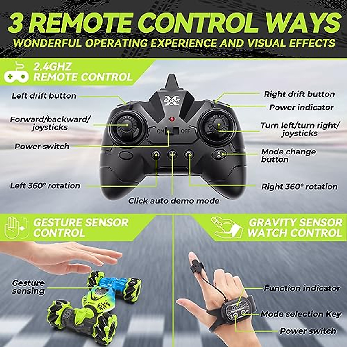 Dysaim Gesture RC Car Hand Controlled Stunt Car for 6-12 yr Boys Girls, 4WD 2.4GHz Remote Control Gesture Sensor Toy Cars Drift Twist Car Offroad with Light Music for Ages 8-13 Kids Birthday Gift