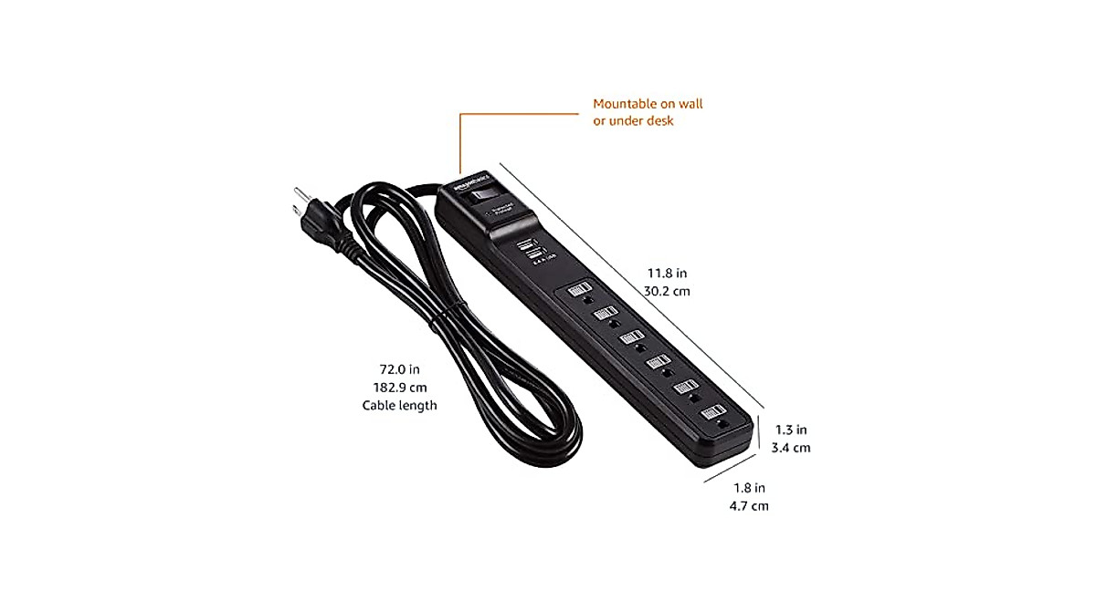 Amazon Basics Surge Protector Power Strip with USB | 6 Outlets & 2 USB ...