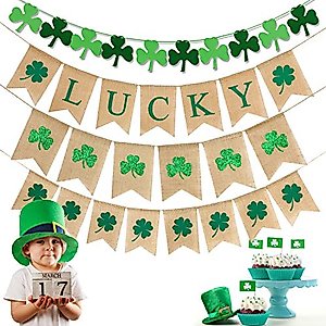 4 Pieces Burlap Lucky Banner Glitter Shamrock Banner Rustic Four Leaf Clover Banner Felt Shamrock Hanging Garland for St. Patrick's Day Decoration
