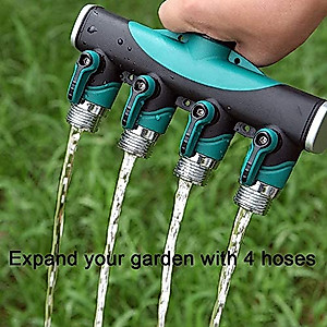 SIPIK Garden Hose Splitter 4 Way - 3/4 Inch Heavy Duty Metal Water Faucet Splitter with Shut Off Valves 4 Way Leakproof Hose Connectors with Comfortable Rubberized Grip for Gardening Hoses 5 Washers