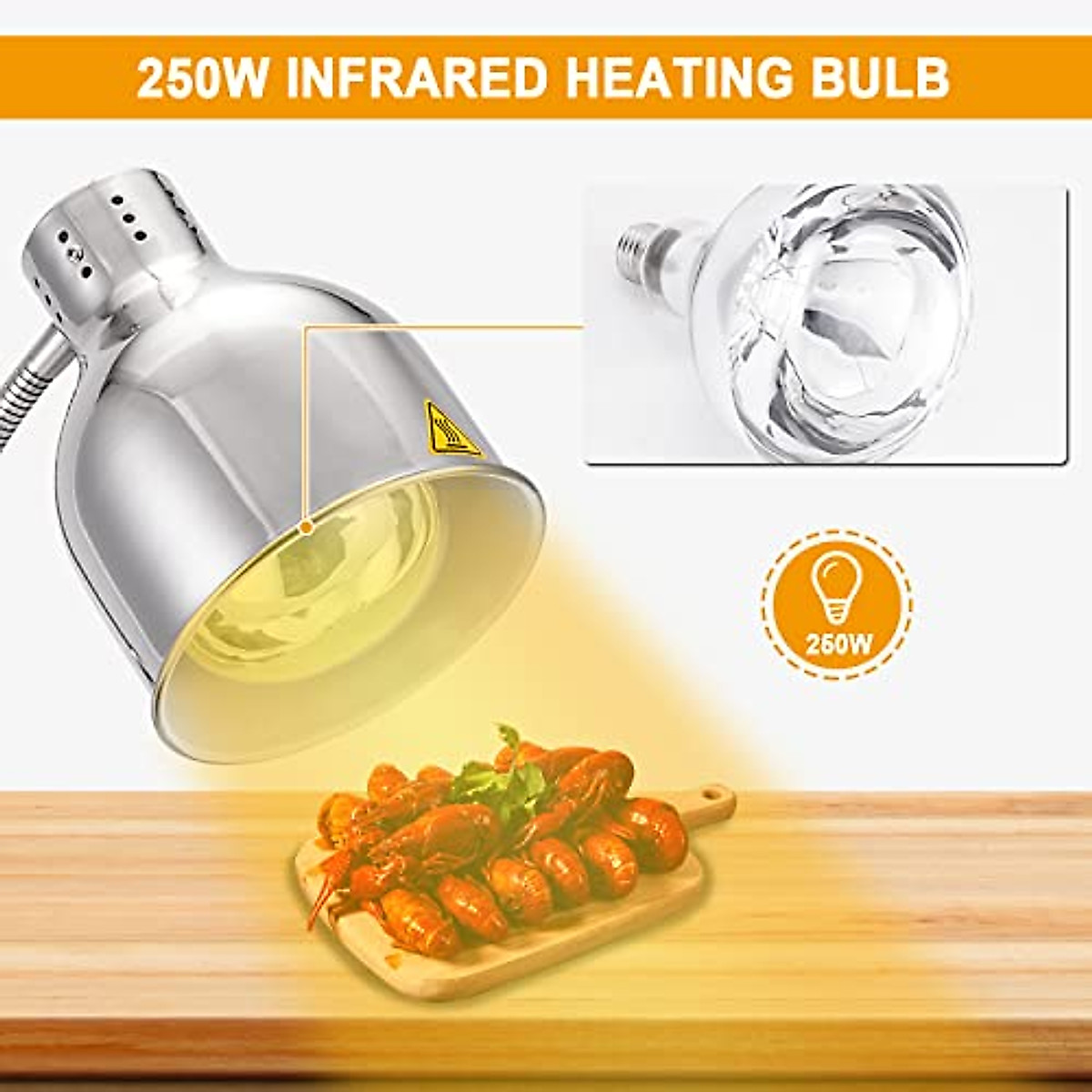 Commercial Food Heat Lamp 360°Adjustable Head With Marble Base Infrared Heating Bulb For Food Heating Warmer Light Lamp For Food Service Heat Lamp