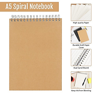 Songaa Spiral Notebook A5 4 Pack - Top Bound Hardcover Spiral Notebook Ruled Lined Journal Notebook Bulk, Kraft Paper Cover College Ruled Spiral Bound Notebook for Student Office School Supplies