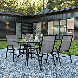 Flash Furniture 4 Flex Comfort Stack Chairs, 55" Tempered Glass Patio Table with Umbrella Hole, Gray