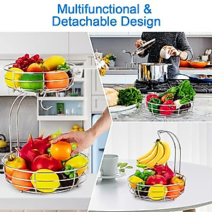 Bextsrack 2-Tier Countertop Fruit Basket Bowl with Banana Hanger, Metal Wire Fruits Stand Holder Storage Organizer for Kitchen, Silver
