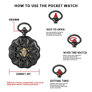 Realpoo Black Irregular Men's Mechanical Pocket Watch, Hollow Black Roman Dial Necklace Mechanical Pocket Watch for Men