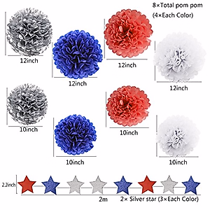 HEARTFEEL 30pcs Patriotic Tissue Paper Pom Pom Silver Navy Blue Red White Tassel Garland Party Decorationsred and blue party decorations (Navy Blue Red Silver White)