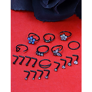 Vsnnsns 18G Nose Rings for Women Surgical Steel Nose Rings Hoops L Shaped Nose Studs Nose Hoop Rings 1.5mm 2mm 2.5mm 3mm Diamond CZ Nose Ring Nose Piercing Jewelry Black 20Pcs