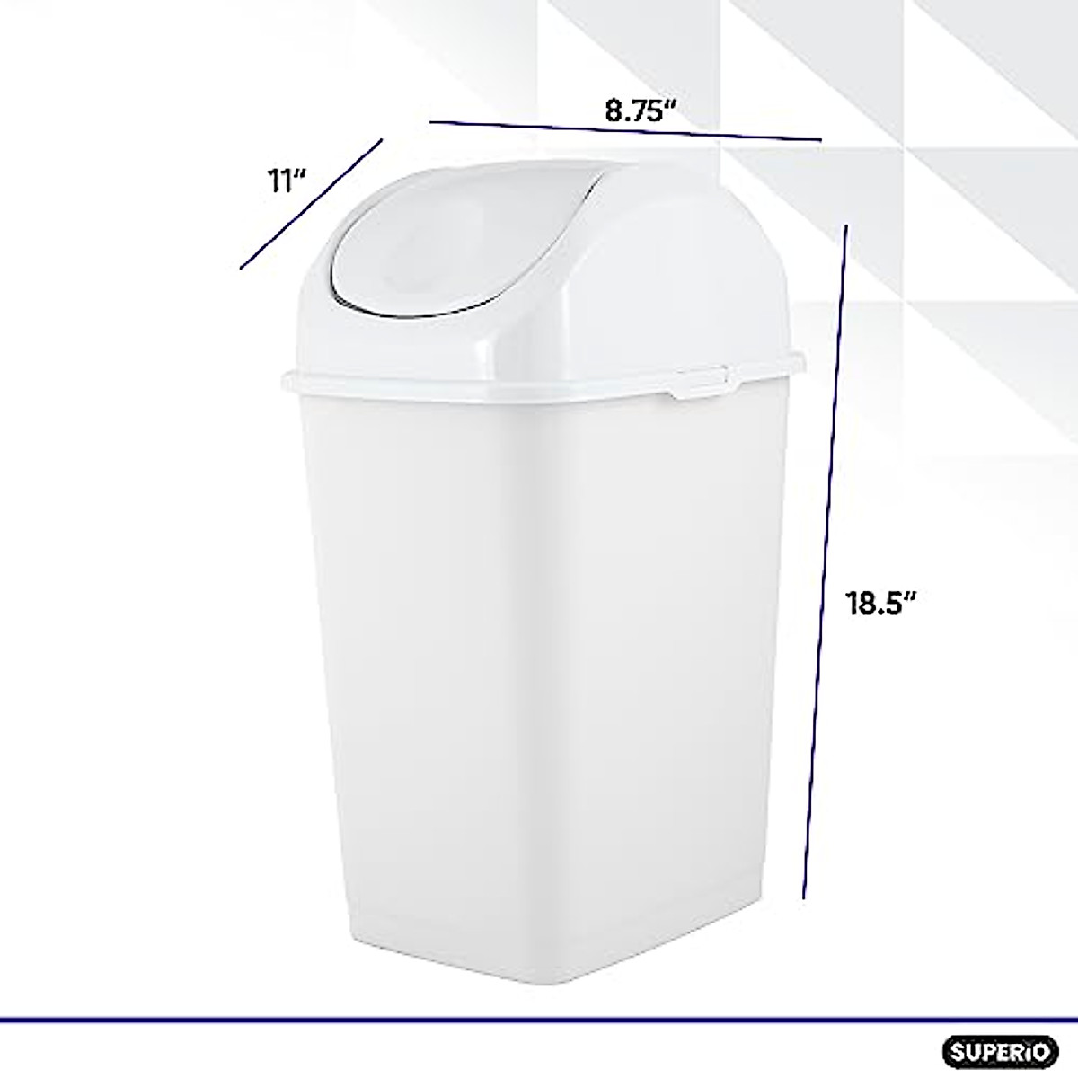 Superio Small 2.5 Gallon Plastic Trash Can with Swing Top Lid, Waste Bin for Under Desk, Office, Bedroom, Bathroom- 10 Qt, (White)