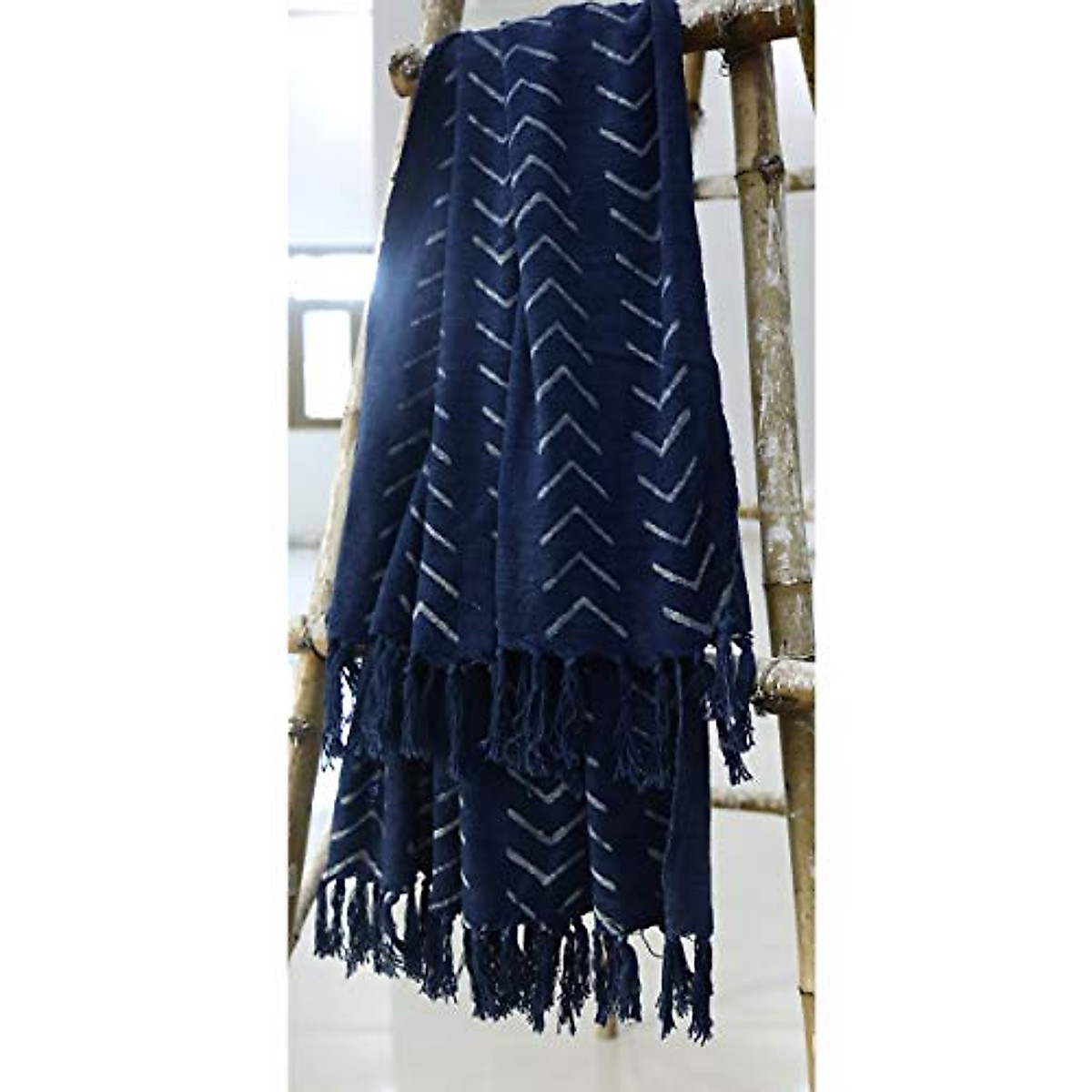 Trade Star 50 x 70 Inch Indigo Hand Block Printed Throw Blanket Boho Mudcloth Throw with Tassels Cozy Wrap Blanket Decorative Bed Throw (Pattern 7)