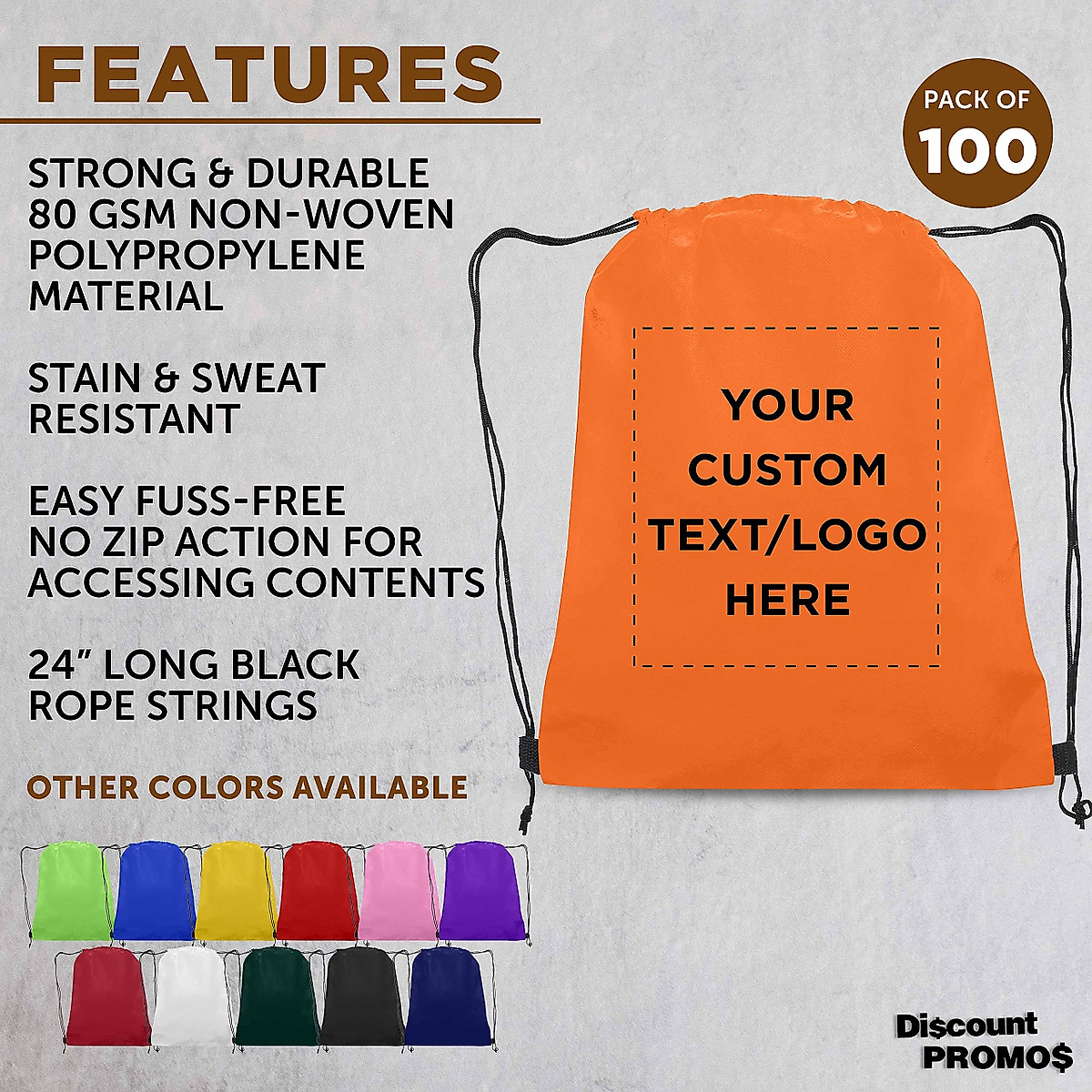 DISCOUNT PROMOS Custom Non-Woven Drawstring Backpacks Set of 100, Personalized Bulk Pack - Bring Everywhere You Go, Great for Travelling, Gym and for Everyday Use - Orange
