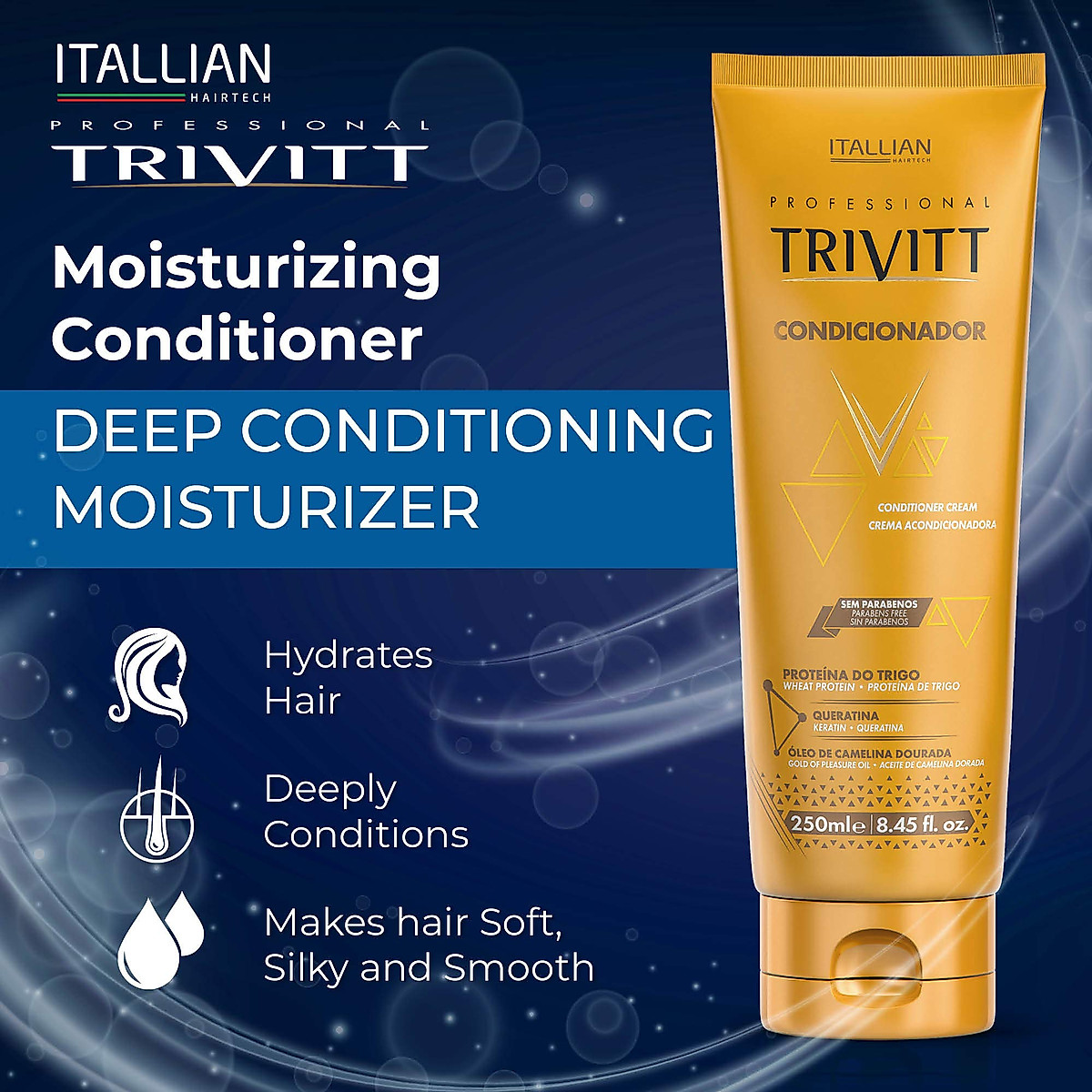 Itallian Hairtech Conditioner Cream for Chemical Treated Hair 8.45 fl oz. - Deep Conditioning and Moisturizing Dry, Damaged and Keratin Brazilian Blowouts With Natural Oils - Professional Trivitt