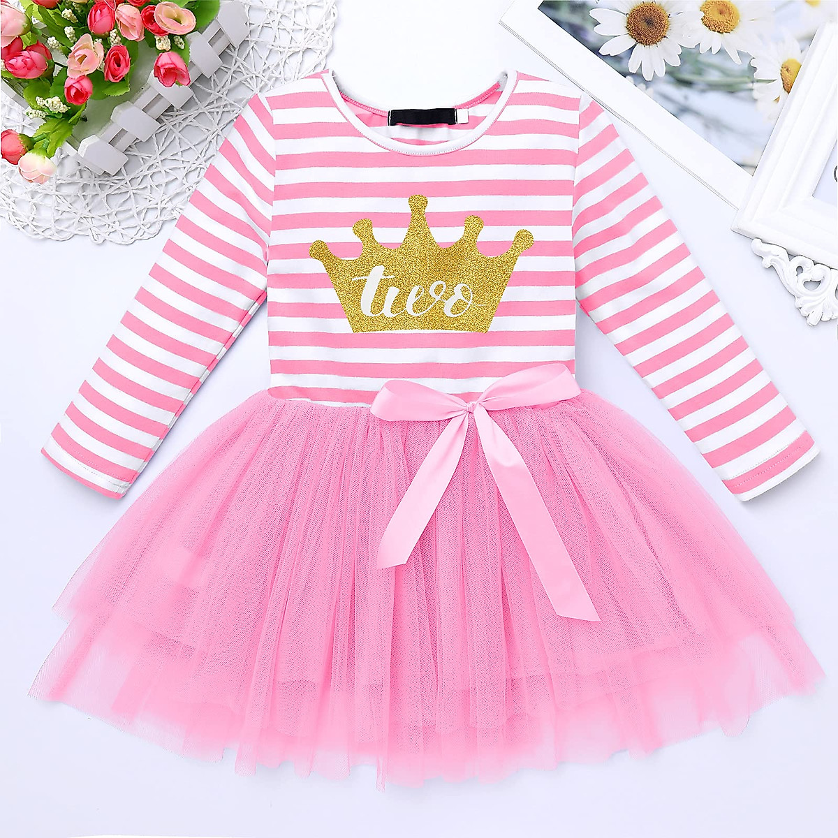 Baby Girls Shinny Striped 1st/2nd/3rd Birthday Long Sleeve Printed Princess Cake Smash Tutu Tulle Dress Toddler Kids Outfit Pink Crown (Two Year) One Size