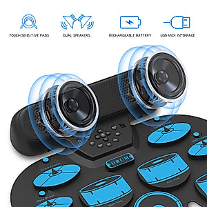 Electronic Drum Set Potable Drum Set Volume Control Electric Drum Set MIDI Drum Pad with 2 Built-in Stereo Speakers Foot Pedals, Sticks Christmas& Birthday Gift Can Record Tracks (Drum Songs Included)