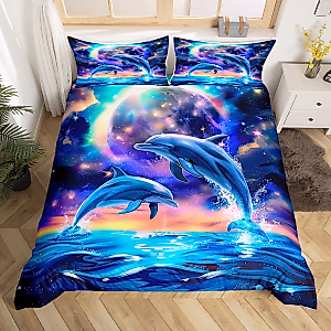 Dolphin Duvet Cover Set Queen Size,Ocean Wave Galaxy Fantasy Bedding Set Kids Boys Girls Room Decor,3D Sealife Colorful Starry Sky Comforter Cover 3Pcs,Blue Watercolor Bedspreads Cover,2 Pillowcases