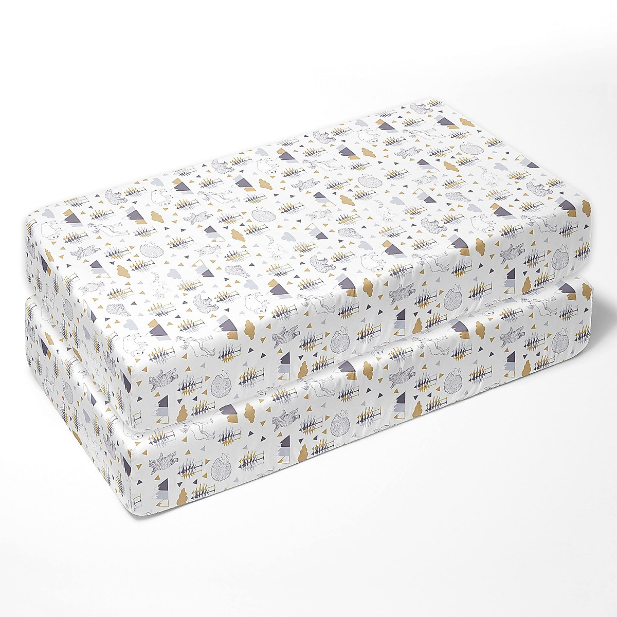 Bacati - 2 Pack Woodlands Bears Bison Owls Printed Neutral 100% Cotton Universal Baby US Standard Crib or Toddler Bed Fitted Sheets (Beige/Grey)