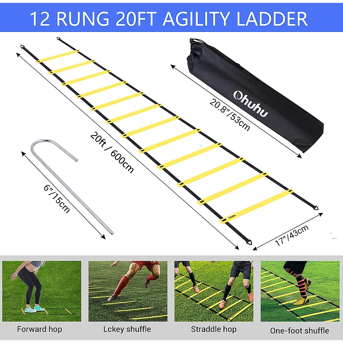 Ohuhu Agility Ladder Speed Training Equipment 12 Rung Exercise Ladders with Ground Stakes for Soccer Football Boxing Footwork Sports Feet Fitness Training Ladder with Carry Bag Yellow or Blue