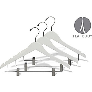 White Wood Combo Hanger w/ Adjustable Cushion Clips, Box of 25 Space Saving 17 Inch Flat Wooden Hangers w/ Chrome Swivel Hook & Notches for Shirt Jacket or Dress by The Great American Hanger Company