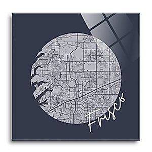 SOULFINE Modern Minimalist Texas Colors Frisco Circle Map,, Modern Glass Wall Art, 12"x12" Frameless, Tempered Glass, High Definition Printing, Home Décor.