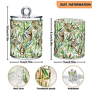 AMmao 2 Pack Cotton Swab Holder Dispenser Bathroom Set Apothecary Jars with Lid Watercolor Sloth Tropical Plant Plastic Bathroom Container Storage Organization for Cotton Ball Rounds Floss
