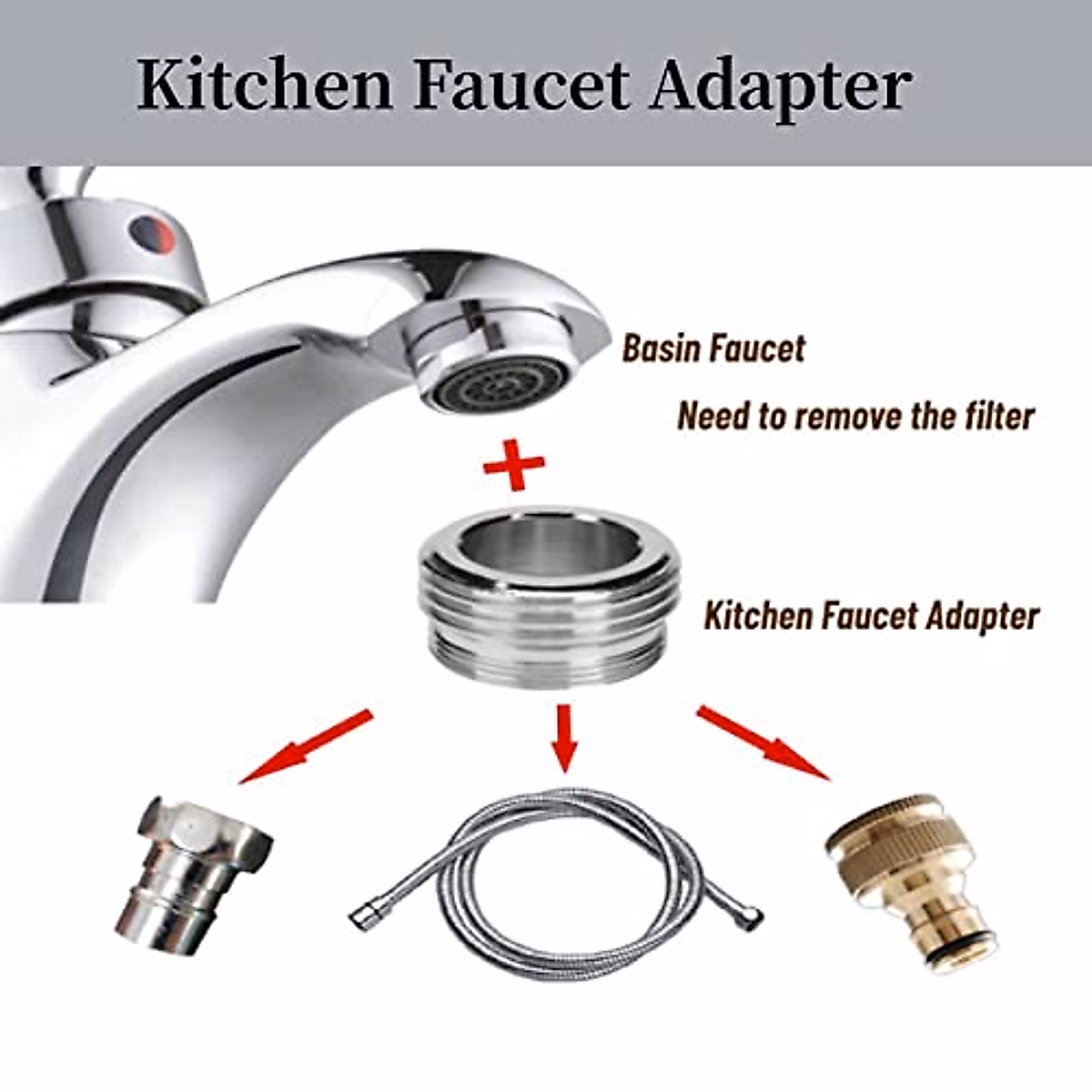 Kitchen Faucet Diverter Valve, Faucet Adapter Kitchen Sink to Garden Hose Adapter Dual Threads 15/16"-27 Male and 55/64"-27 Female to 3/4" MGH