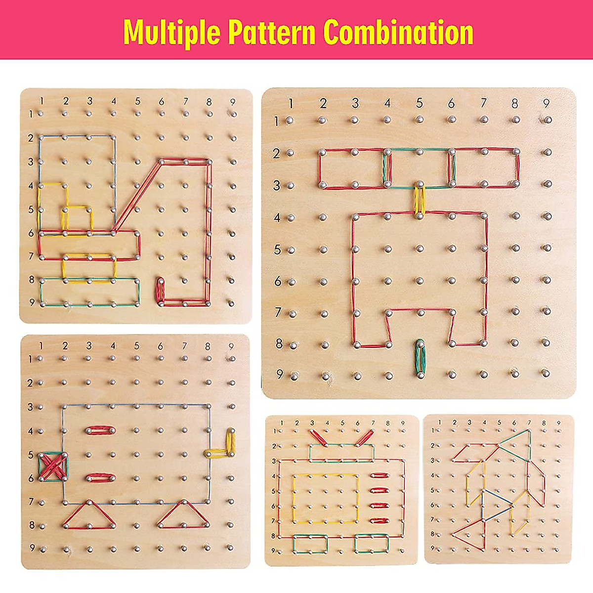 Skrtuan Wooden Geoboard with Rubber Bands, Montessori Educational Toy for Kids, Pattern Block Geo Board with Pattern Cards and Rubber Bands Create to Figures Shape STEM Puzzle Matrix Brain Teaser