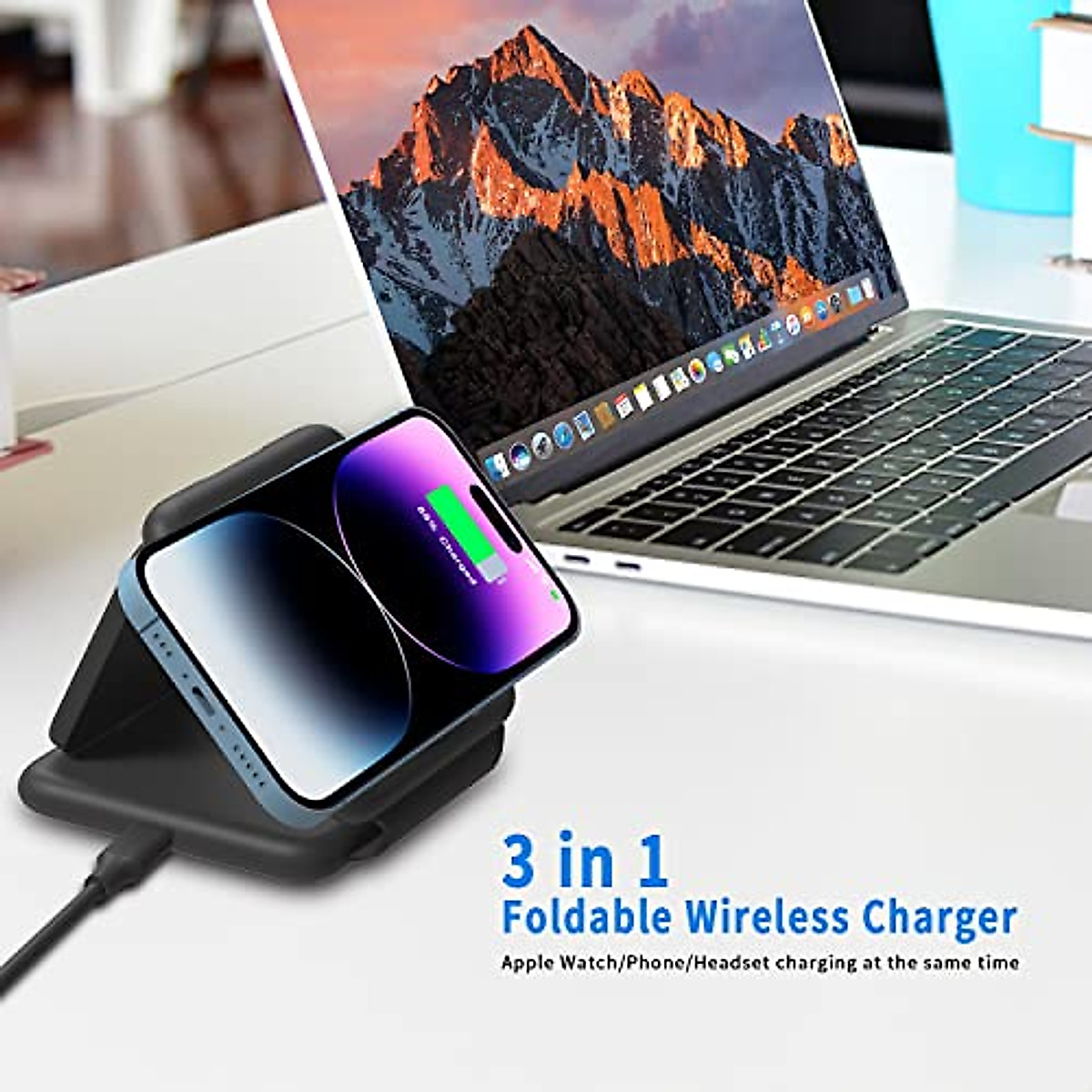 PEAPOLET Wireless Charger 3 in 1,Wireless Foldable Charging Station,Magnetic Fast Wireless Charging Pad Compatible with iPhone 15/14/13/12 Pro Max,Apple Watch,AirPods,Adapters not Included (Black)