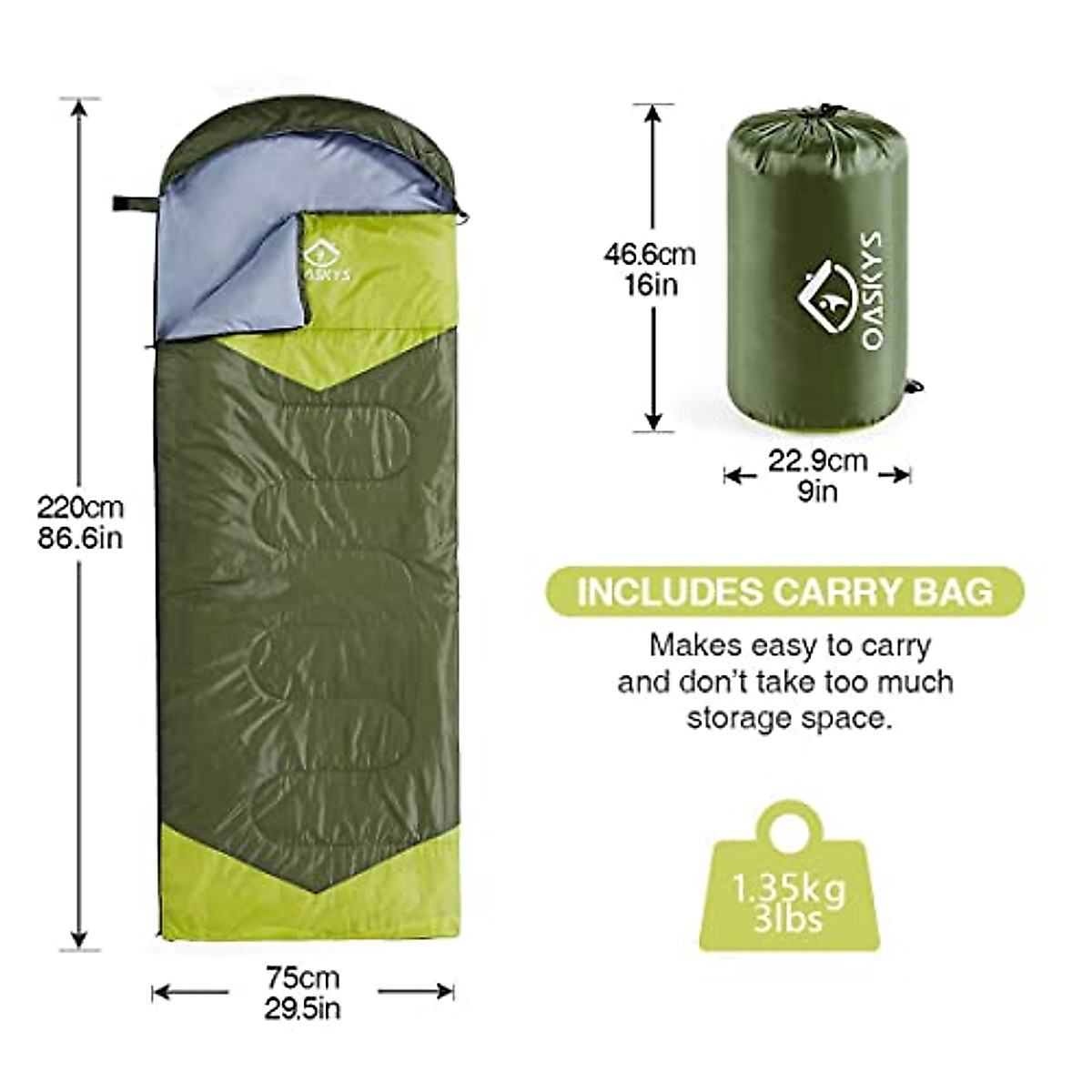 oaskys Camping Sleeping Bag - 3 Season Warm & Cool Weather - Summer Spring Fall Lightweight Waterproof for Adults Kids - Camping Gear Equipment, Traveling, and Outdoors