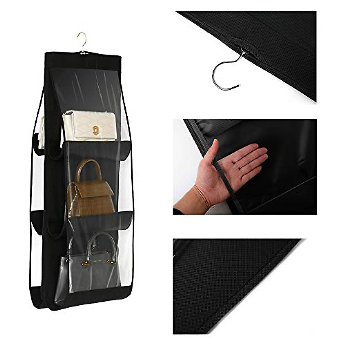 inheming Hanging Purse Handbag Organizer, Dust-Proof Space Saver Storage Holder Bag, 6 Pockets Wardrobe Closet Handbags Storage(Black)
